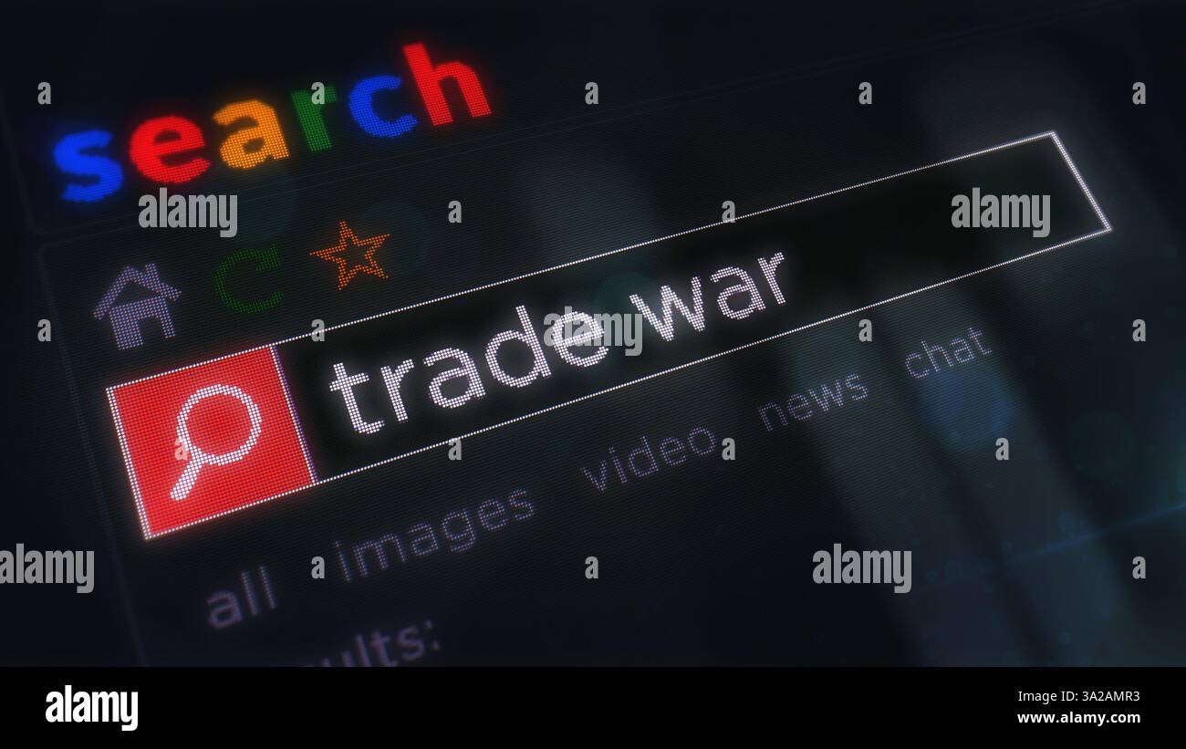 Trade war tariffs and protectionism text typing on browser screen. Searching internet with ...