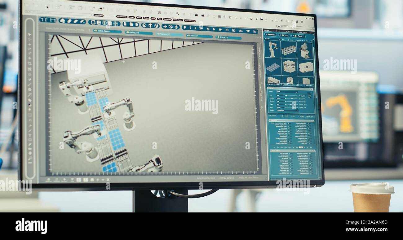 PC on desk in empty photovoltaics factory monitoring system performance. Computer monitor in ...