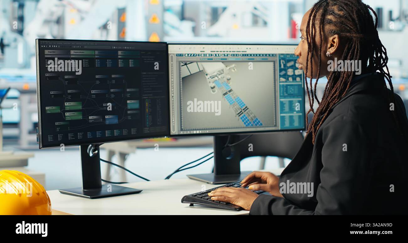 Photovoltaics factory programmer analyzing data with machine learning tech, reviewing system ...