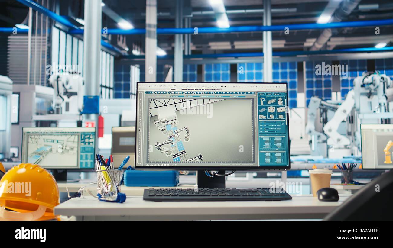 PC monitor on desk in green energy solar panels plant with CAD software ...