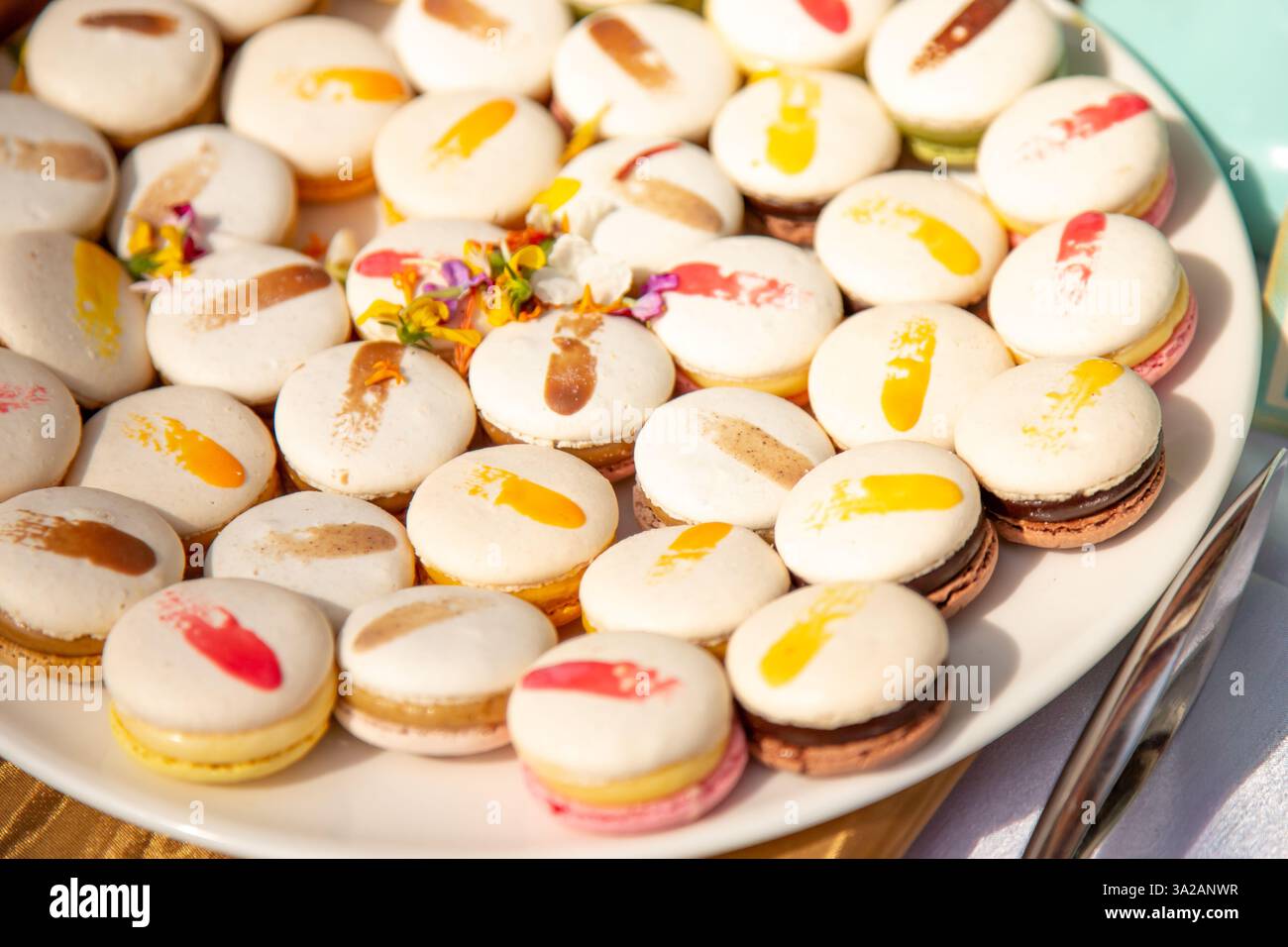 A view of a plate full of dainty, pastel macaron cookies Stock Photo ...