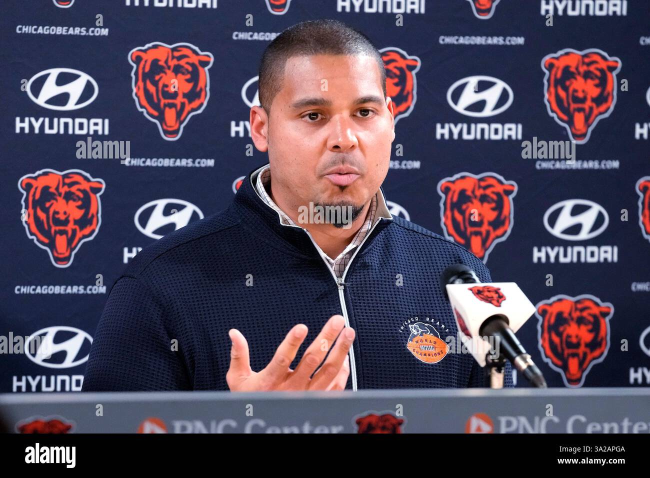 Chicago Bears general manager Ryan Poles talks to media during a news ...