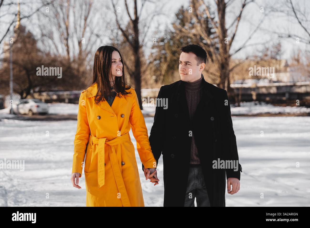 Couple walking hand in hand across snowy landscape in winter sunlight ...