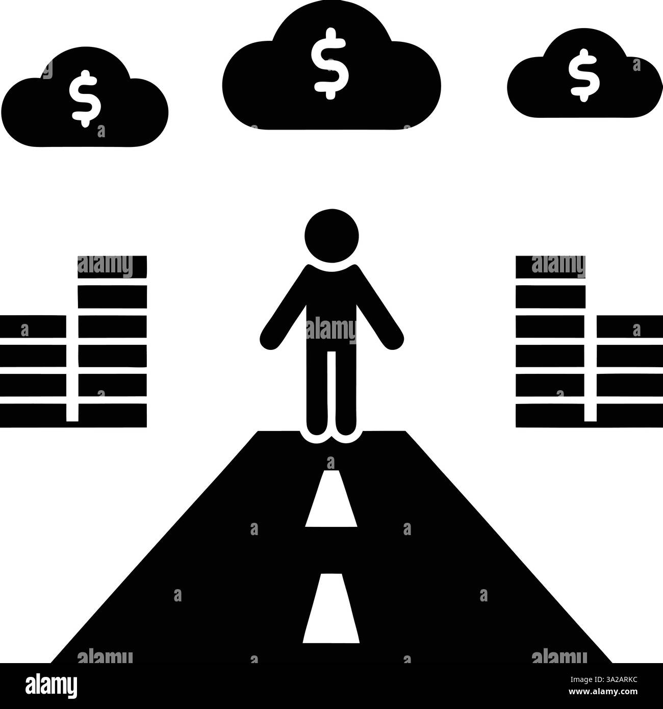 Symbolic image of a person standing at a crossroads with money and ...