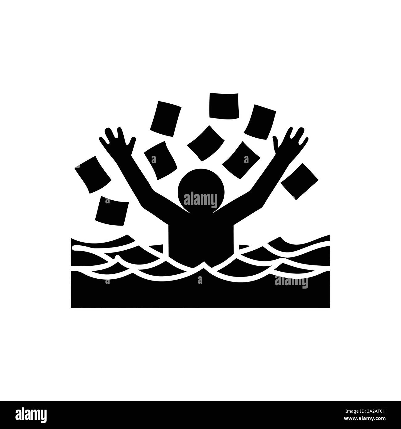 a figure struggling in water, overwhelmed and drowning under a flood of ...