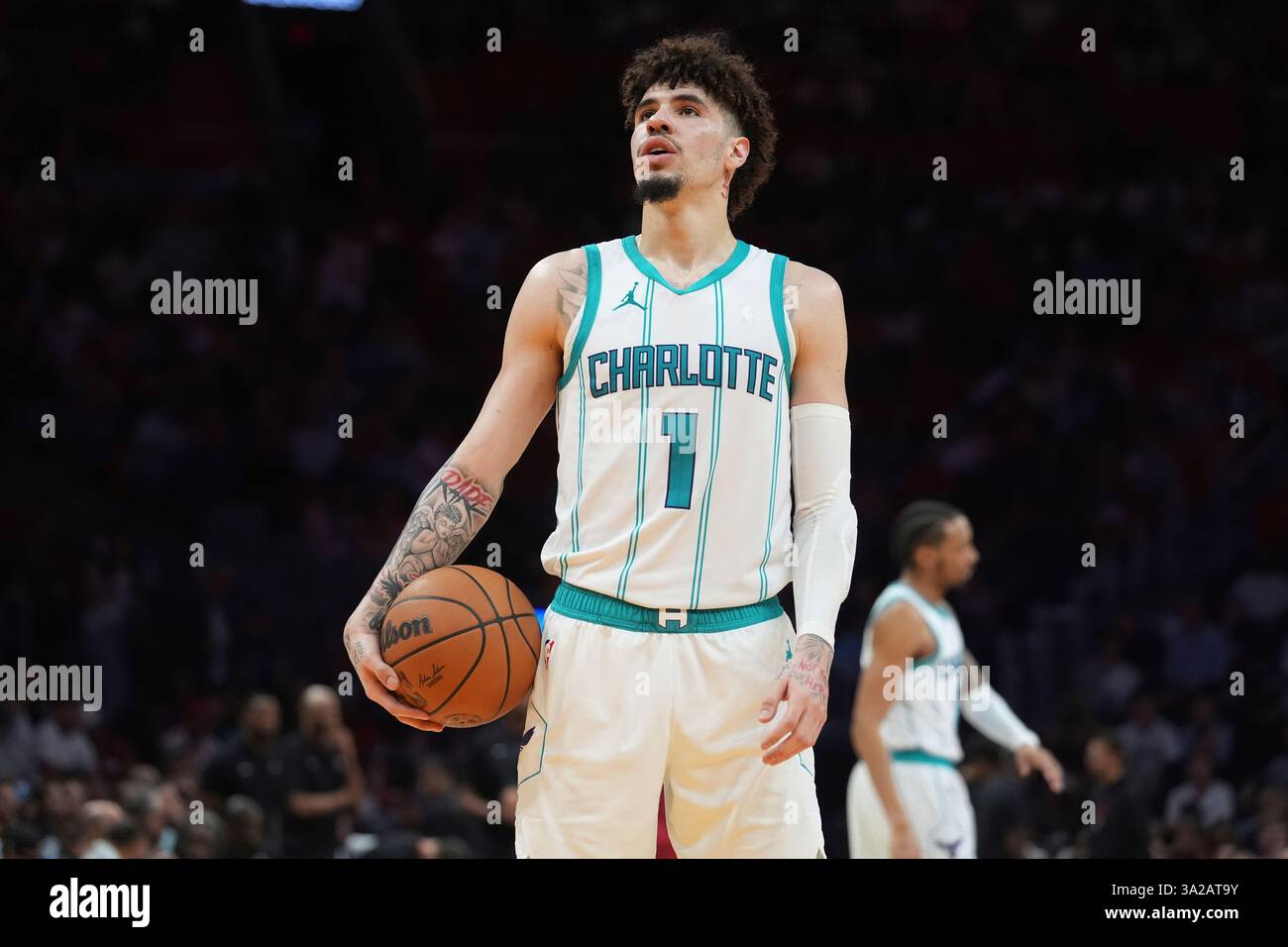 Charlotte Hornets guard LaMelo Ball (1) waits on the free throw line ...