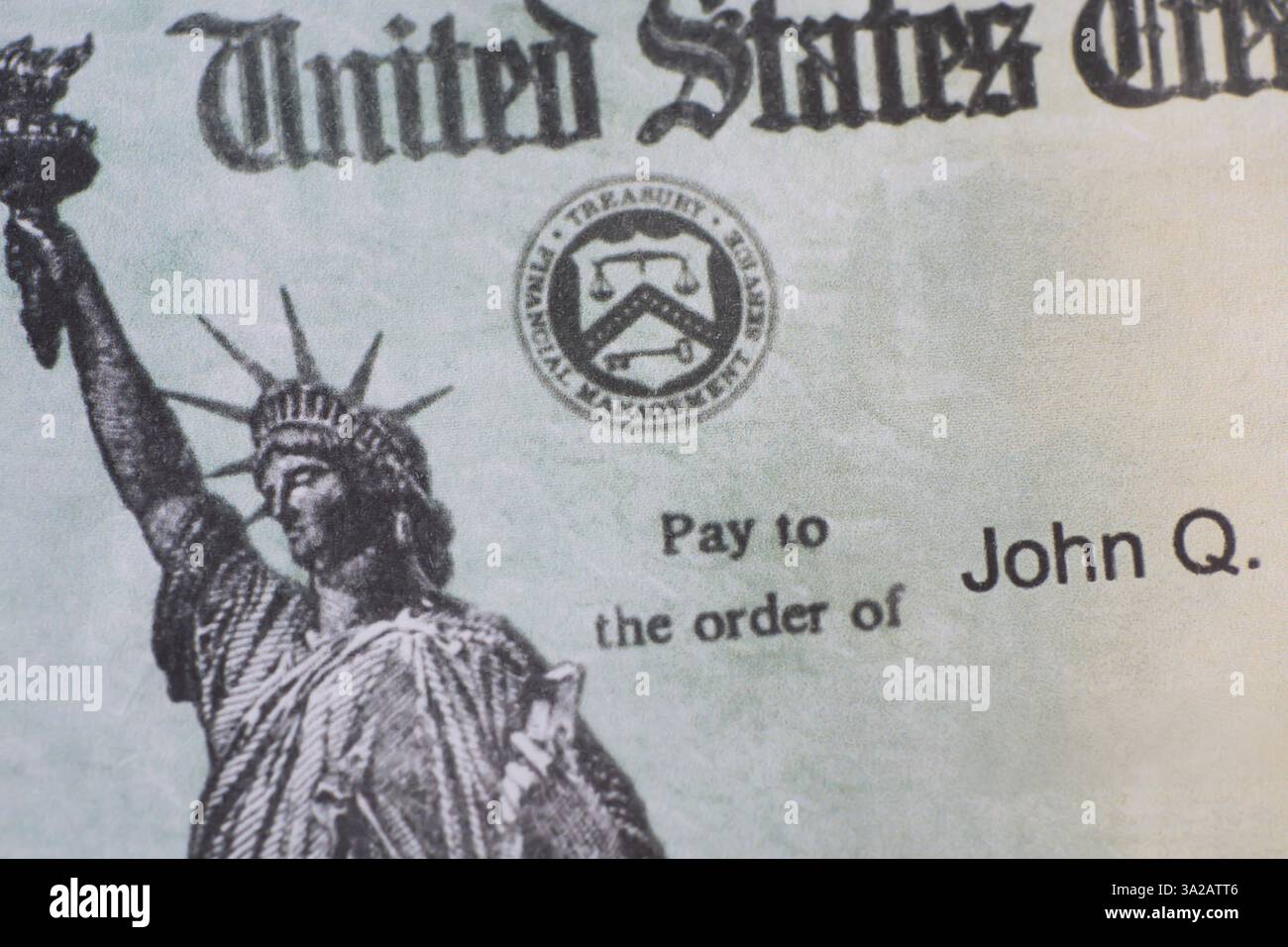 A close up image of the Statue of Liberty on a US Treasury check Stock ...