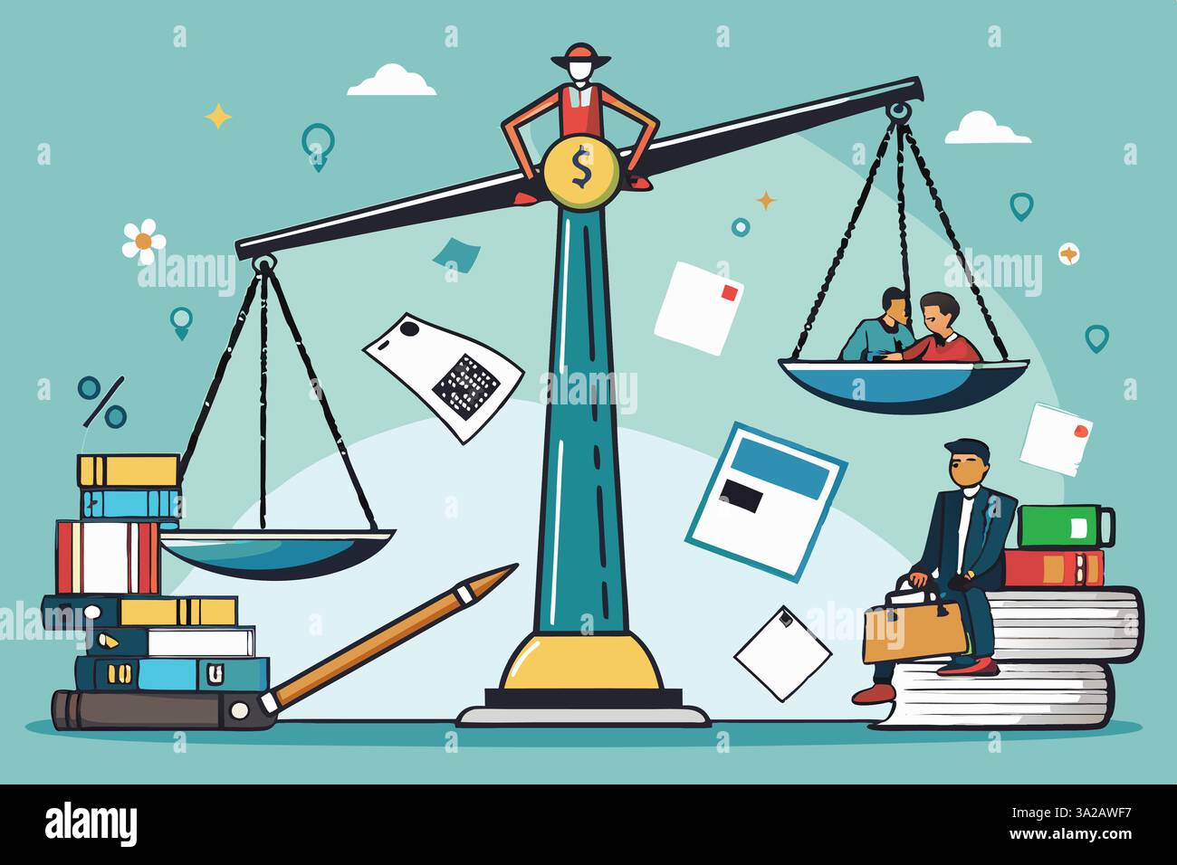 A symbolic image of a balance scale showing business documents and a ...