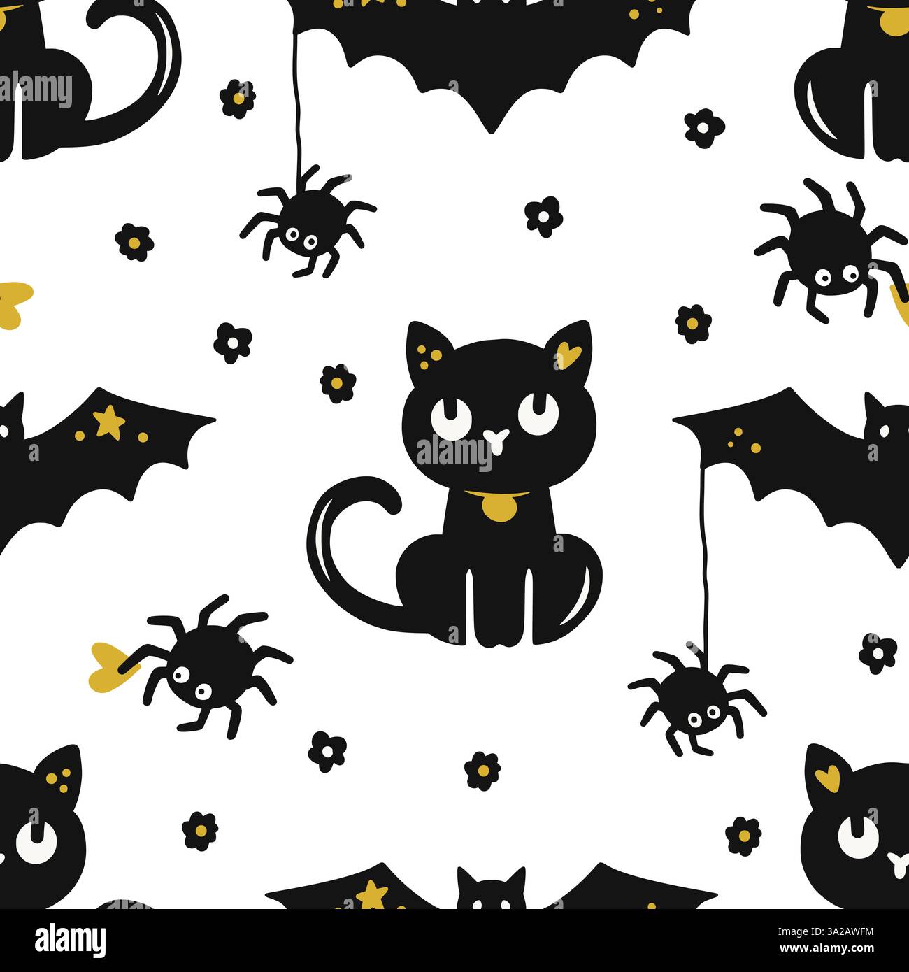 Seamless Hand-Drawn Halloween Black Cat Pattern Featuring Bats, Spiders ...
