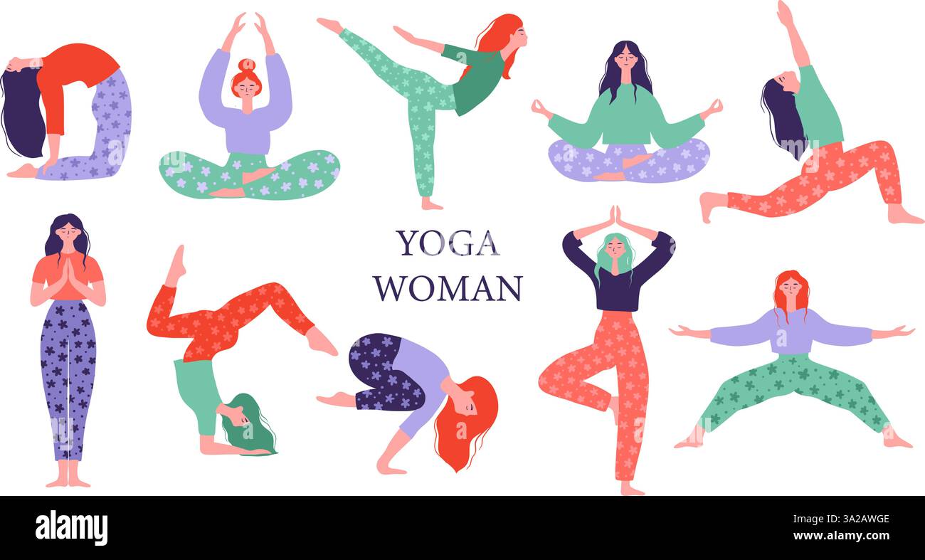 Yoga Woman Pose Vector Set Collection Featuring Diverse Female Figures ...