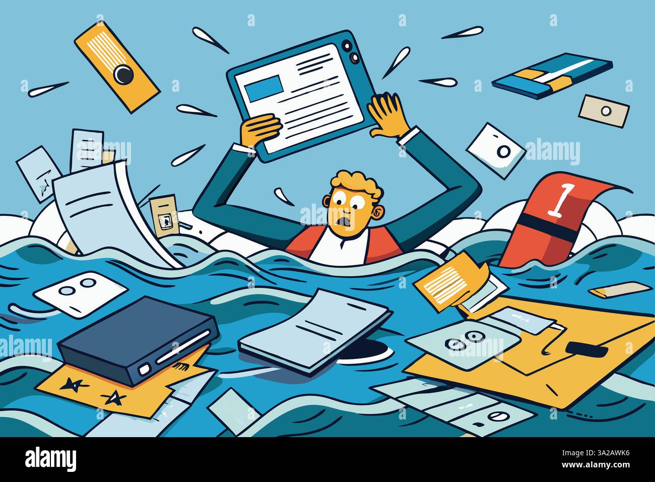 An abstract representation of a person drowning in a sea of financial ...
