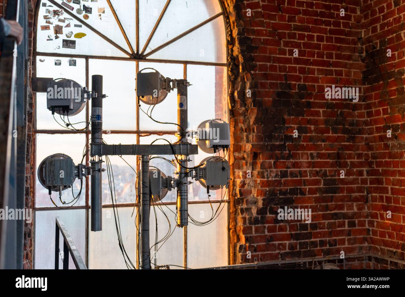 Industrial communication equipment installed inside an old historic ...