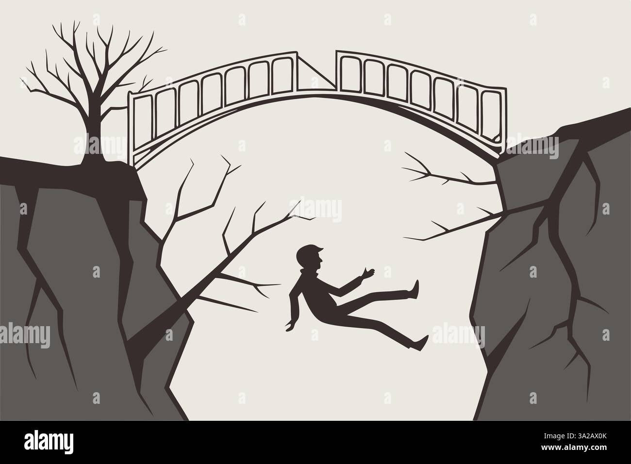 Symbolic surreal scene of a fragile bridge breaking, illustrating ...
