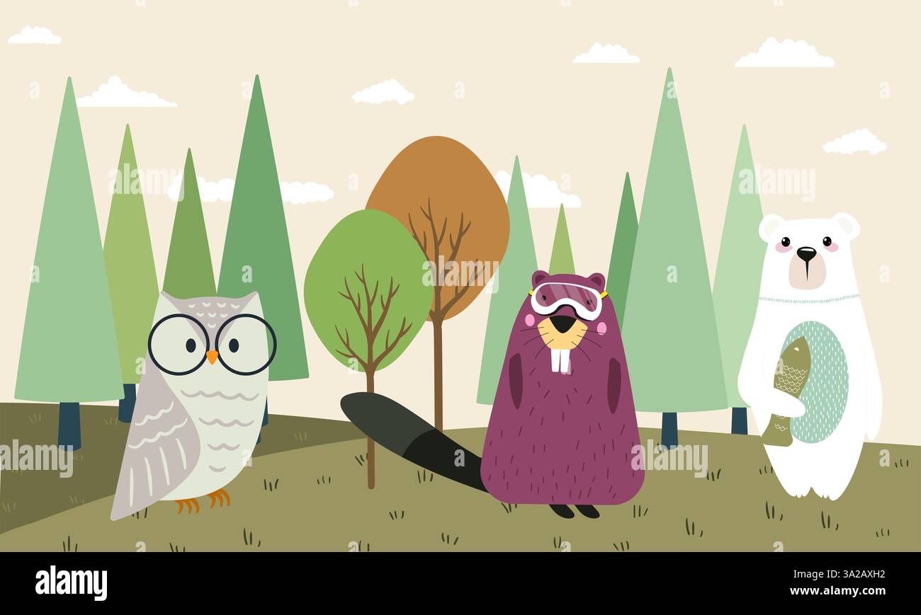Cute Forest Animals Illustration | Cartoon Owl, Beaver, and Polar Bear ...