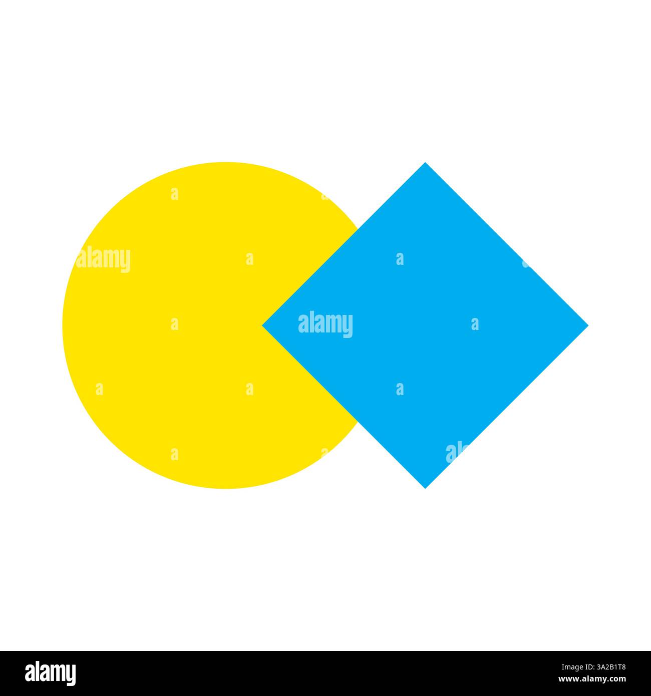 Yellow circle shape. Blue diamond icon. Overlap geometric design. White ...