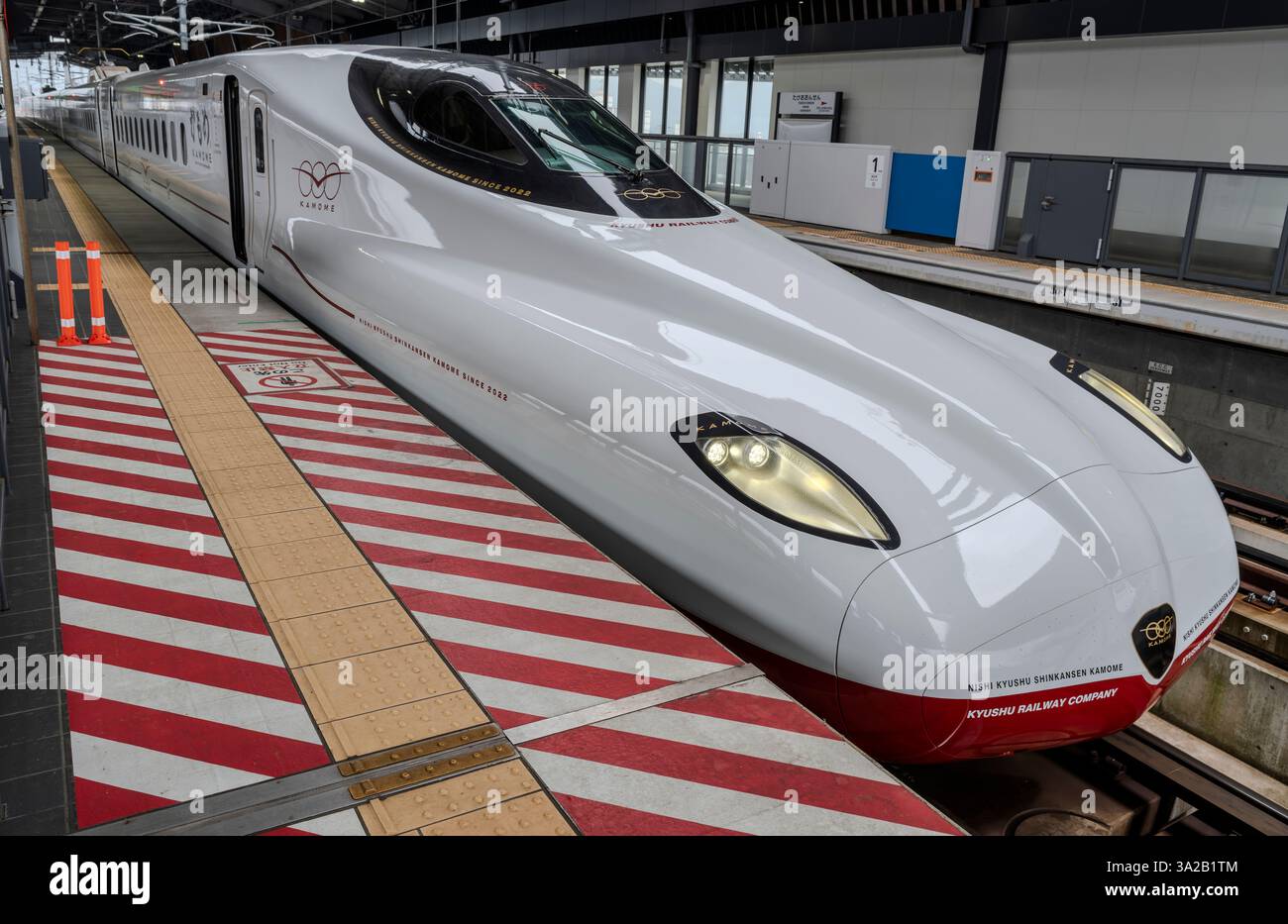 A Nishi Kyushu Shinkansen N700S-8000 Series train at Takeo-Onsen Station in Saga Prefecture ...