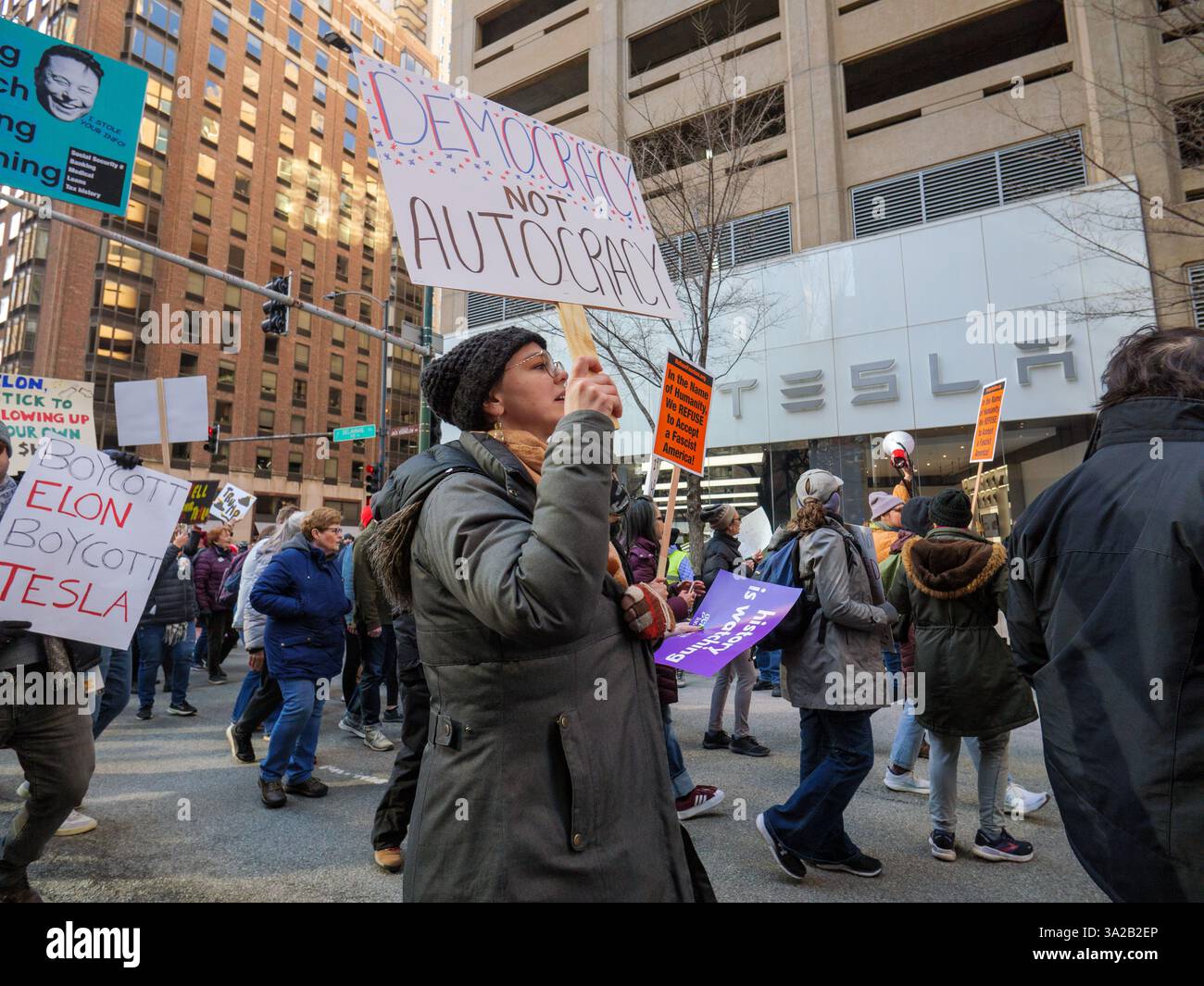 Protest against Donald Trump, Elon Musk, DOGE & Tesla. Chicago ...