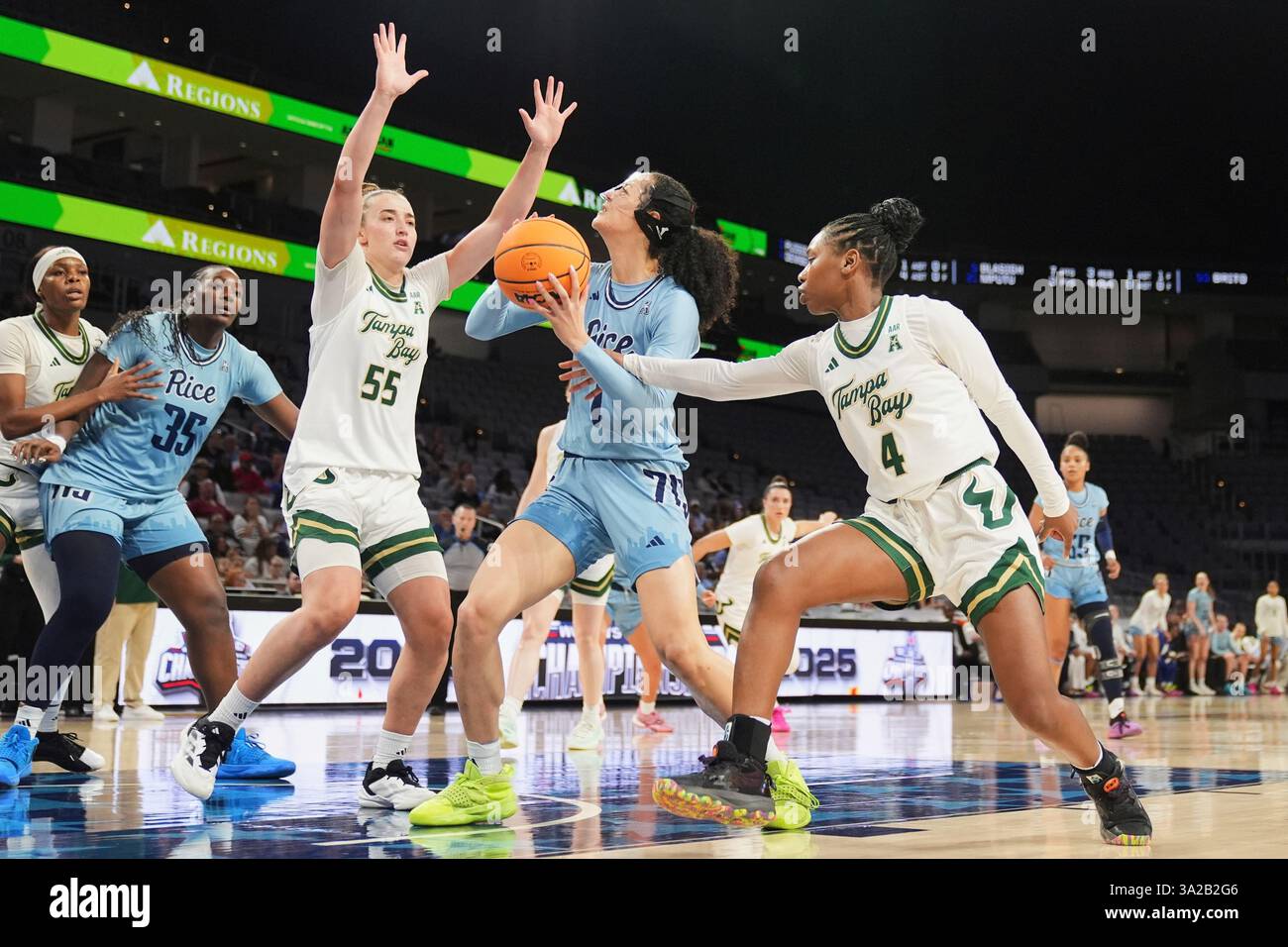 Rice forward Malia Fisher, center, is fouled taking a shot as South ...