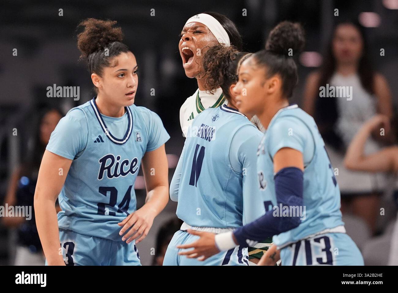 South Florida's L'or Mputu, center rear, celebrates sinking a basket as ...