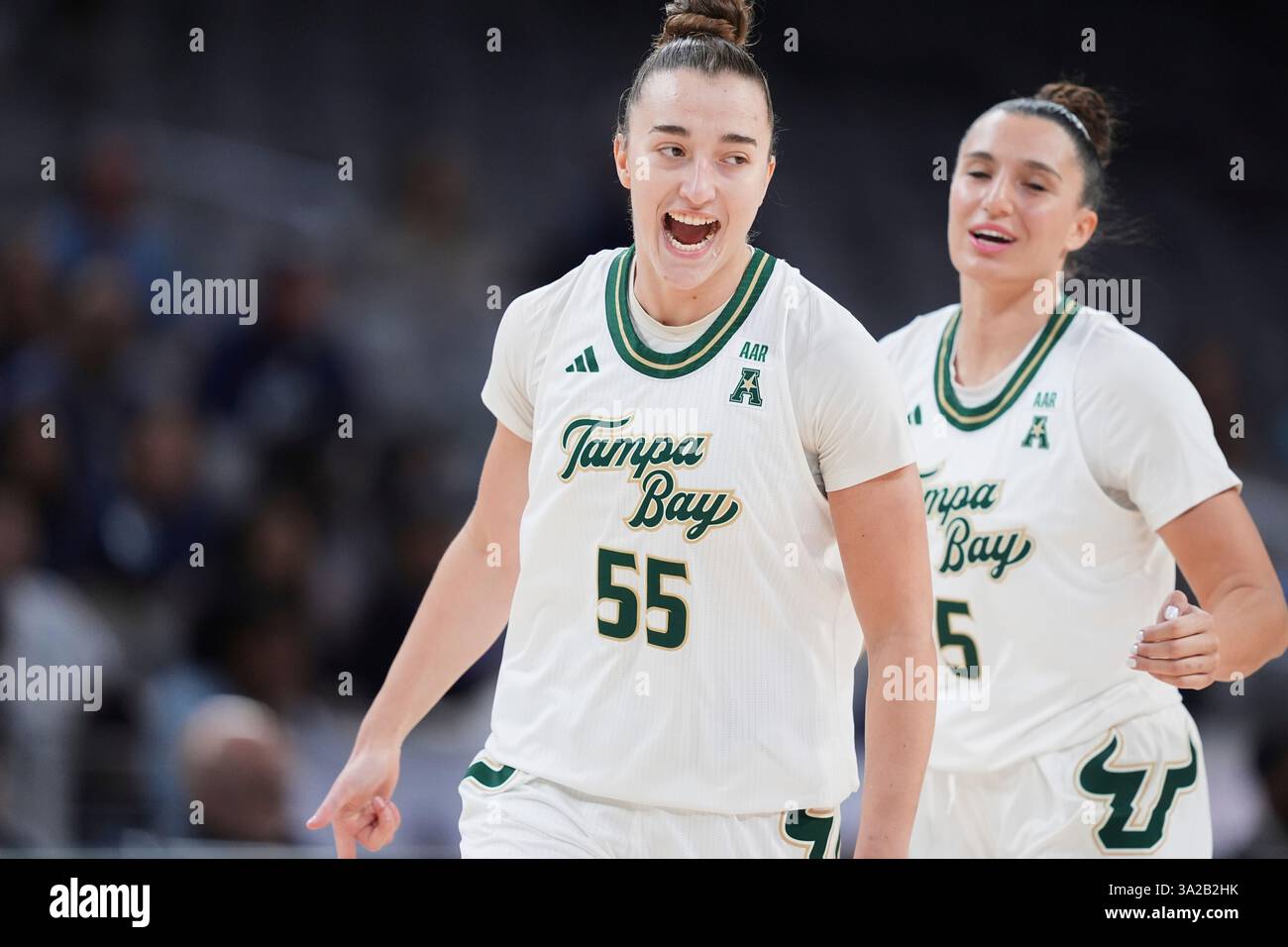 South Florida's Carla Brito (55) and Vittoria Blasigh (5) celebrate a ...