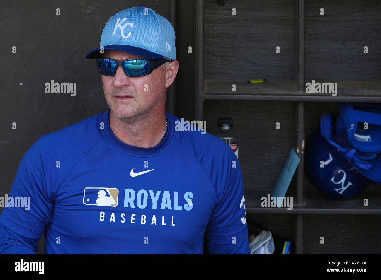 Kansas City Royals manager Matt Quatraro pauses in the dugout prior to ...