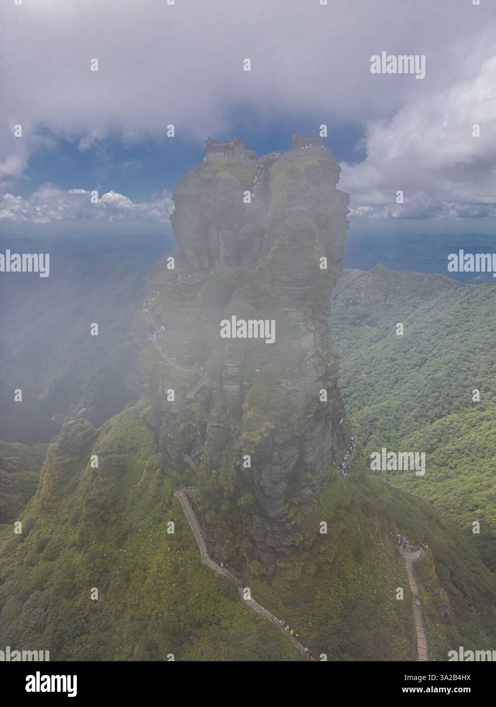Panoramic aerial shot of Fanjingshan mountain with Buddhist temple on ...