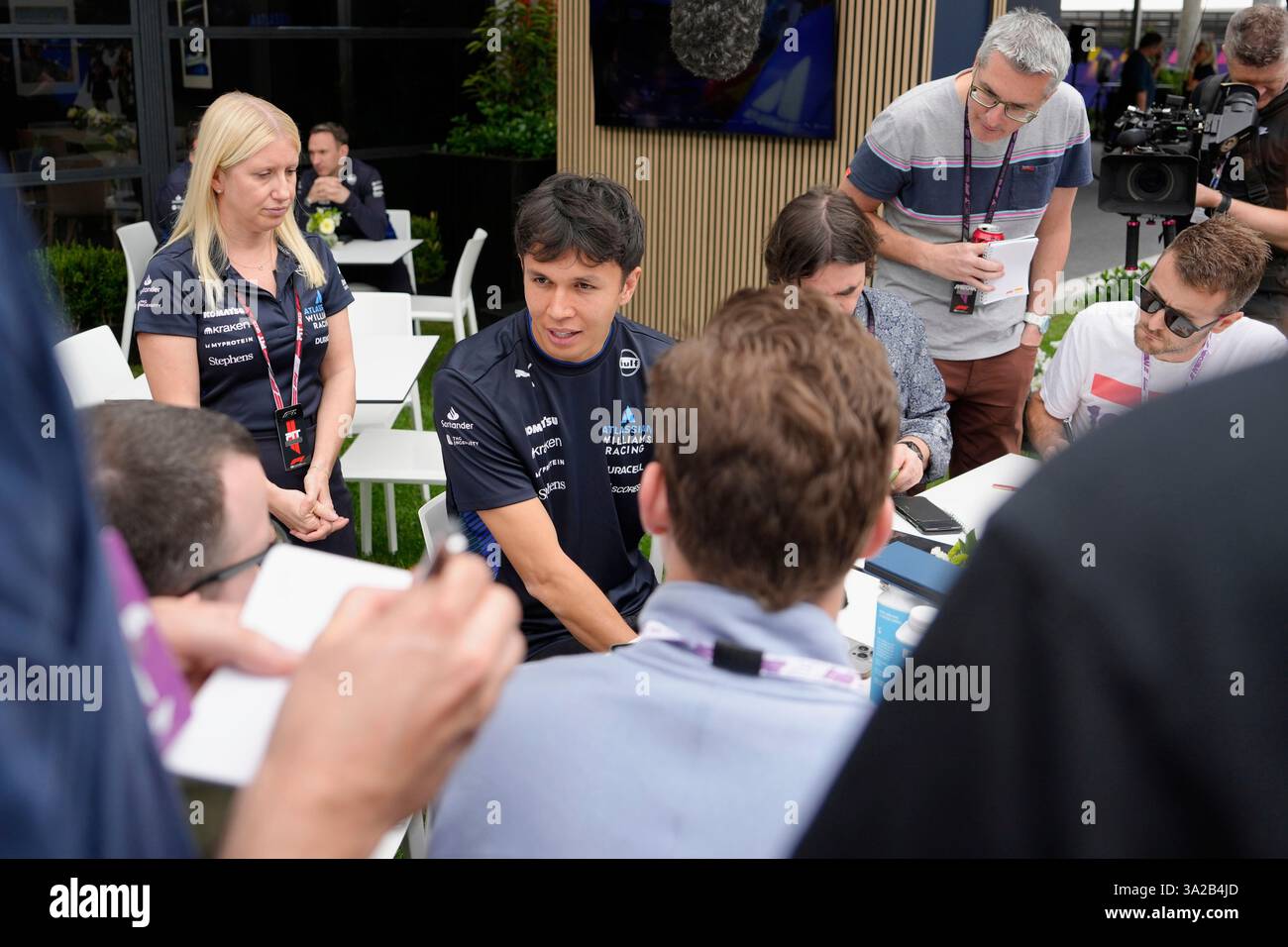 Williams driver Alexander Albon of Thailand is interviewed in the ...