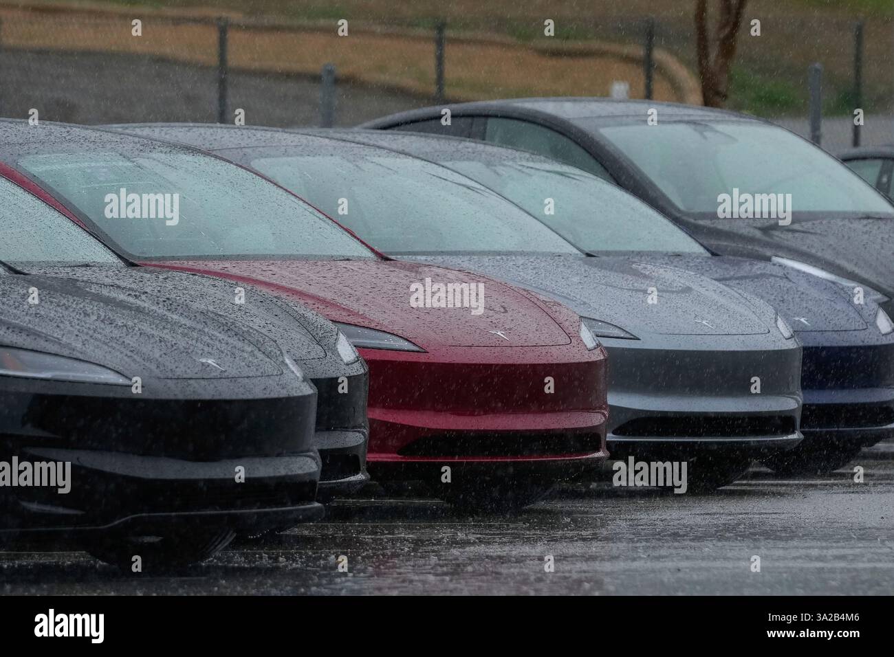 Tesla vehicles are seen in the parking lot of a Tesla dealership in ...
