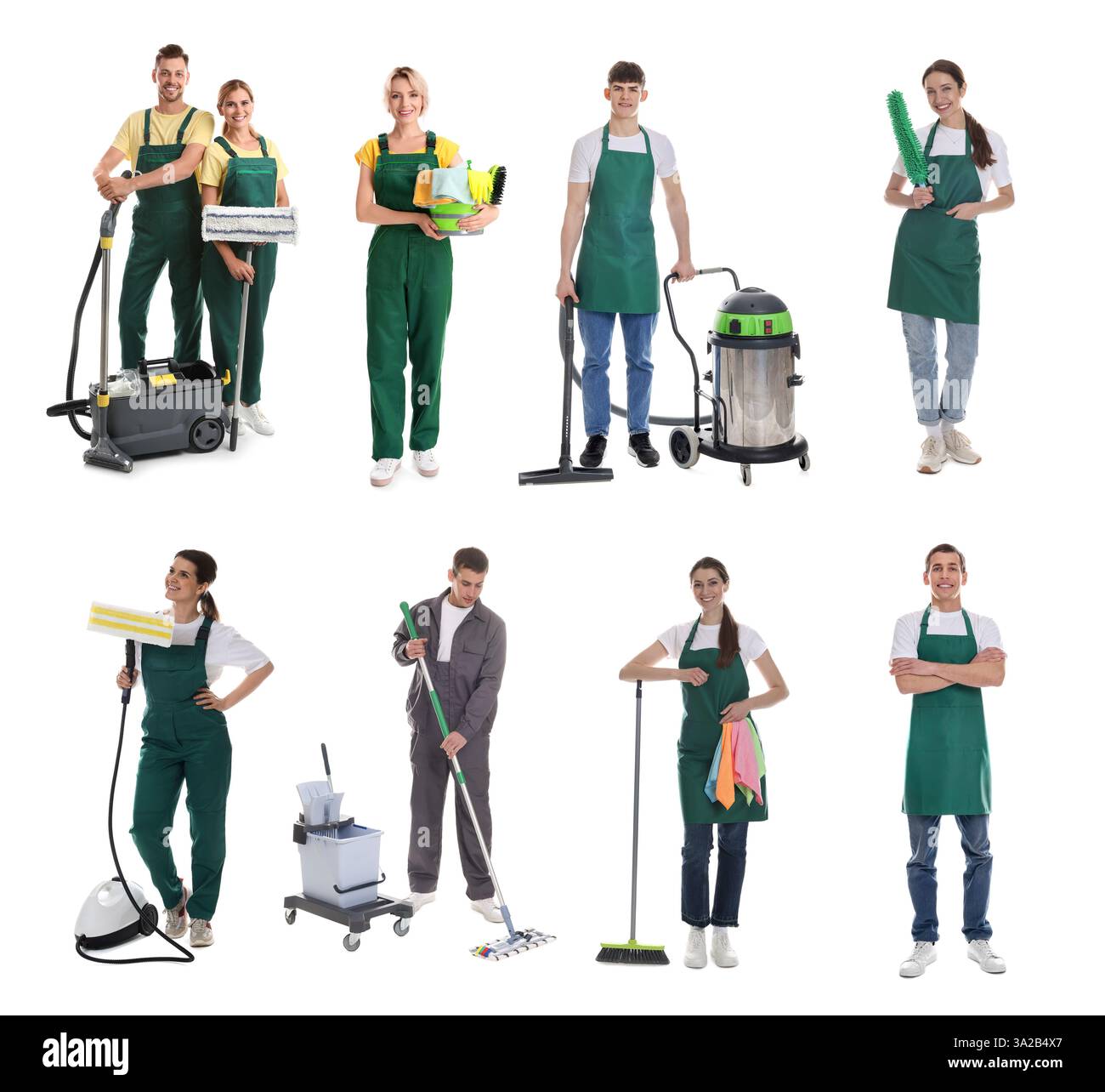 Cleaning service workers with supplies on white background, set Stock ...
