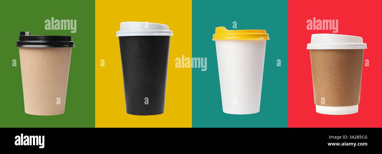 Different paper takeaway cups on colorful background, set Stock Photo ...