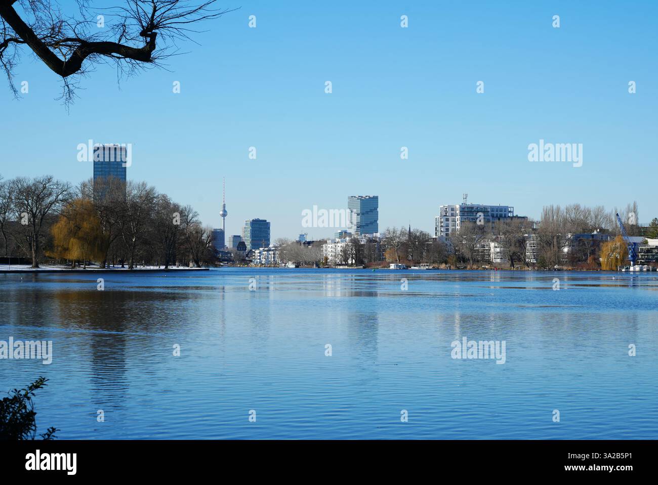 Berlin, Germany, Panorama view over the Spree river with Treptower Park ...