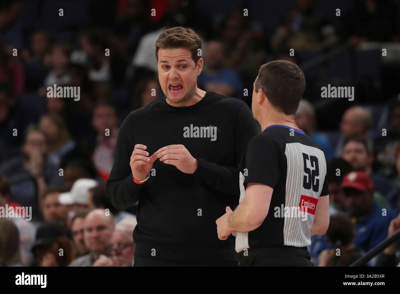 Utah Jazz head coach Will Hardy talks with NBA official Scott Twardoski ...