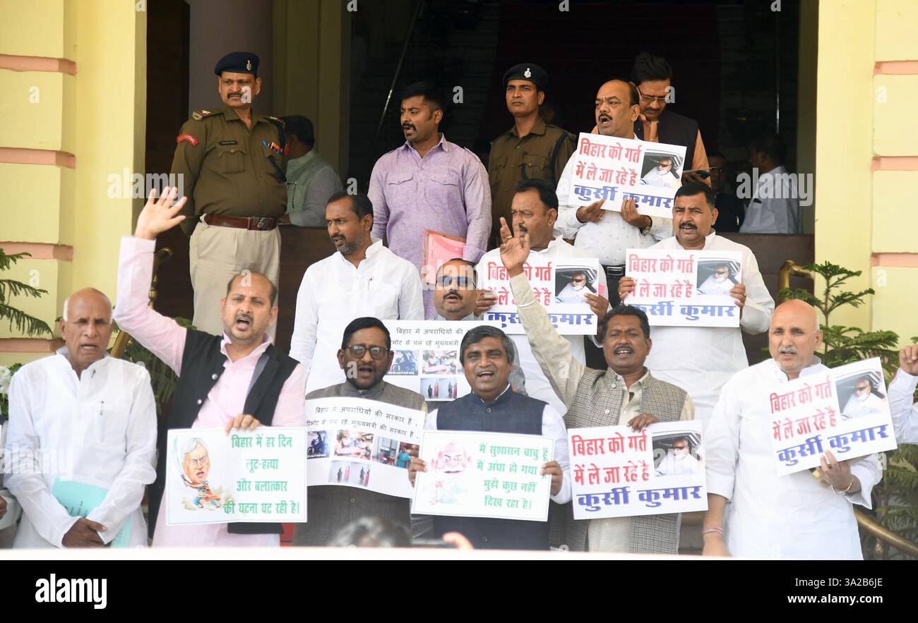 India. 12th Mar, 2025. PATNA, INDIA - MARCH 12: RJD legislators demonstrating during Budget ...