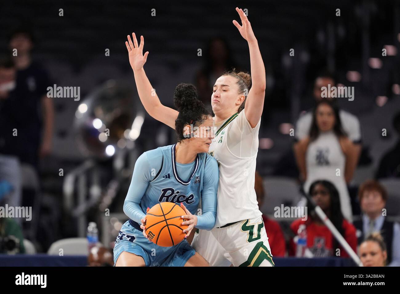 Rice forward Malia Fisher, left, works to take a shot as South Florida ...