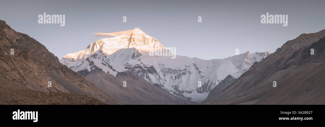 The north face of Mount Everest seen from Rongbuk monastery. A lot of ...