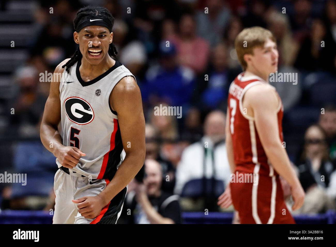 Georgia guard Silas Demary Jr. (5) celebrates his three-point shot ...