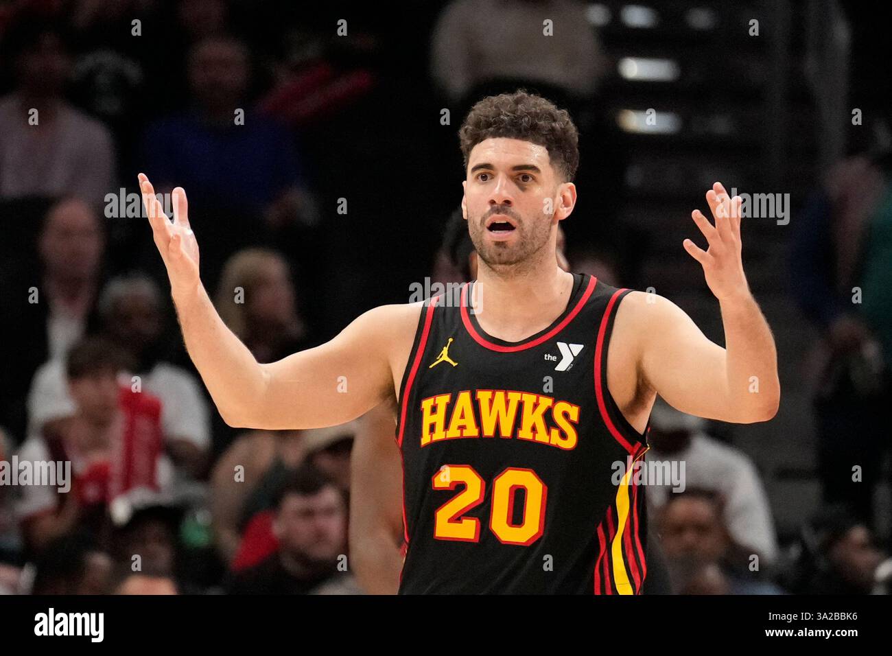 Atlanta Hawks forward Georges Niang (20) reacts to getting a foul in ...