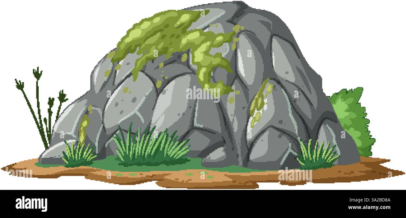 Vector illustration of a moss-covered rock surrounded by grass and ...