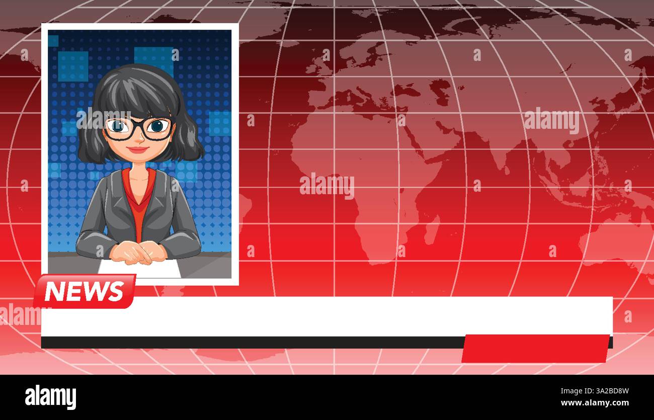 Vector illustration of a news anchor with a global map background ...