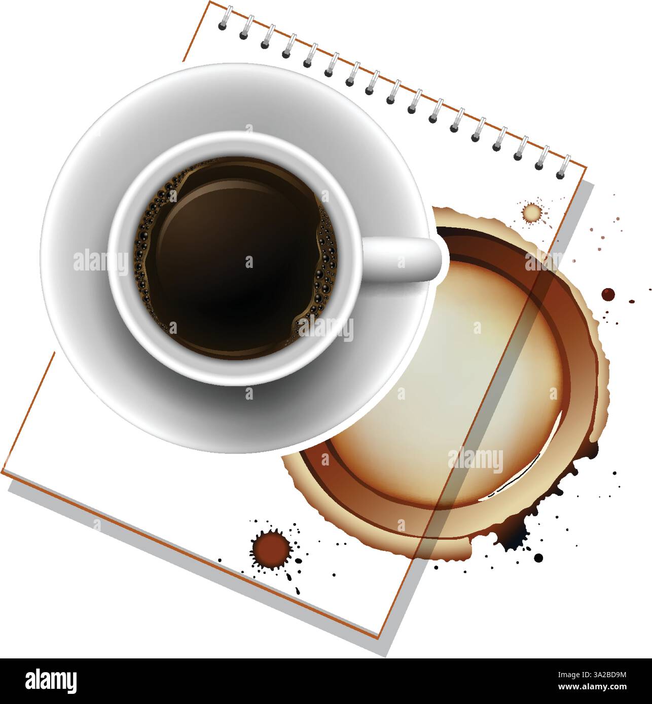 Vector illustration of a coffee cup on a notebook with coffee stains ...