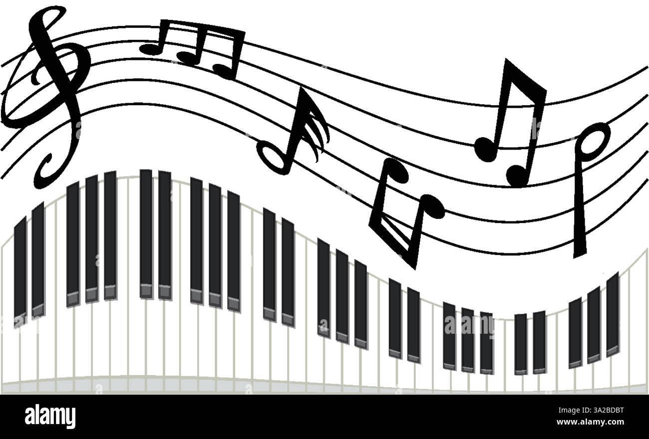 Musical notes flowing above piano keyboard illustration Stock Vector ...