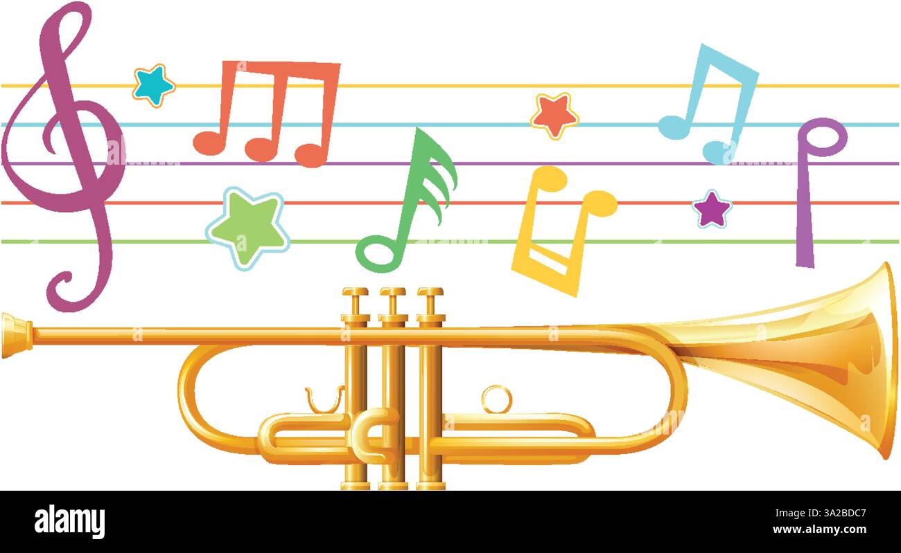 Vibrant trumpet with colorful musical notes and symbols Stock Vector ...