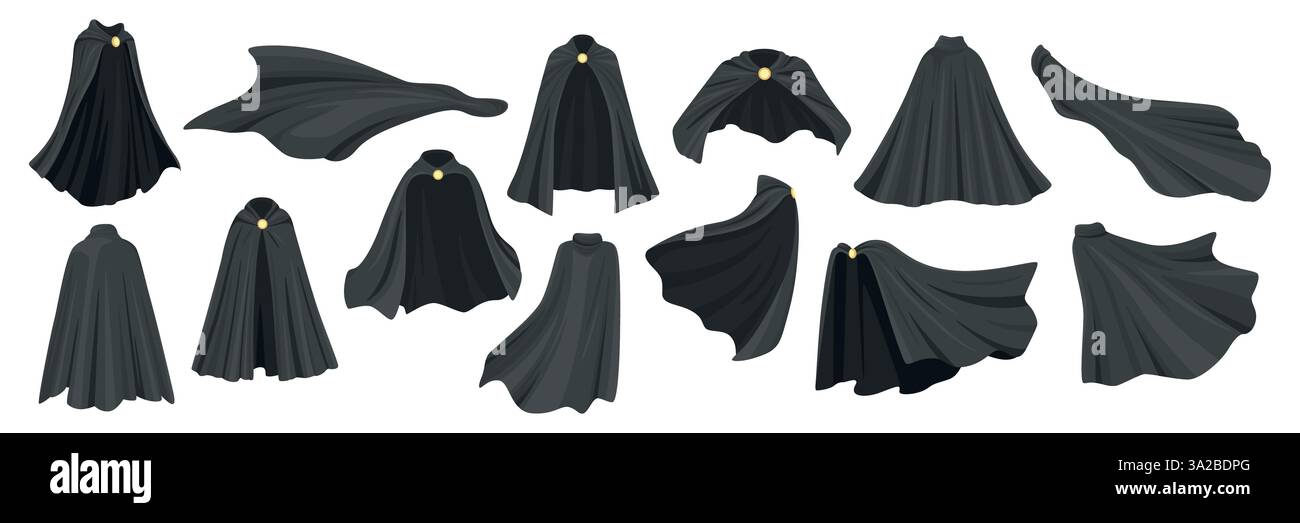 Black Cloak Vector Set. Superhero Cape, Mysterious Cloak, Flowing Black Cape Illustration ...