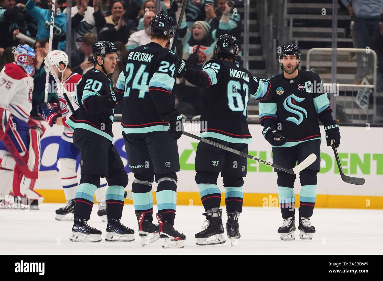 Seattle Kraken defenseman Brandon Montour (62) celebrates his goal ...