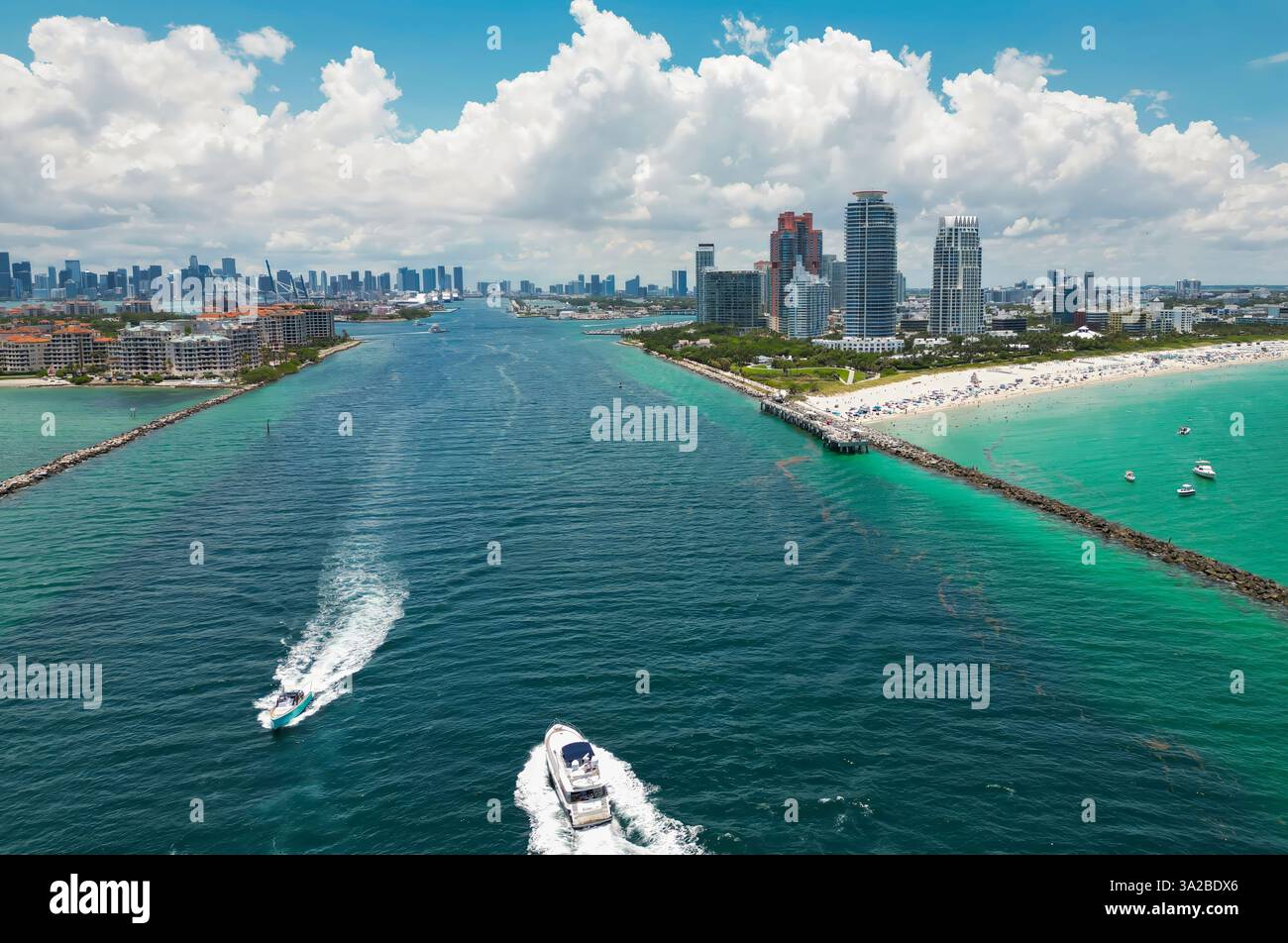 Miami cityscape with luxury skyscrapers and ocean. Panoramic drone view ...
