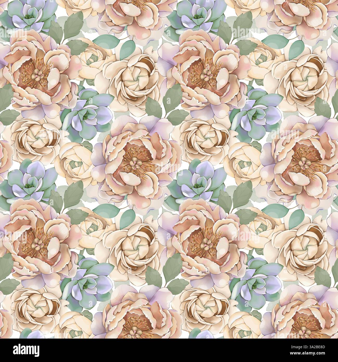 Seamless pattern with beige peonies, roses and succulents Stock Photo ...