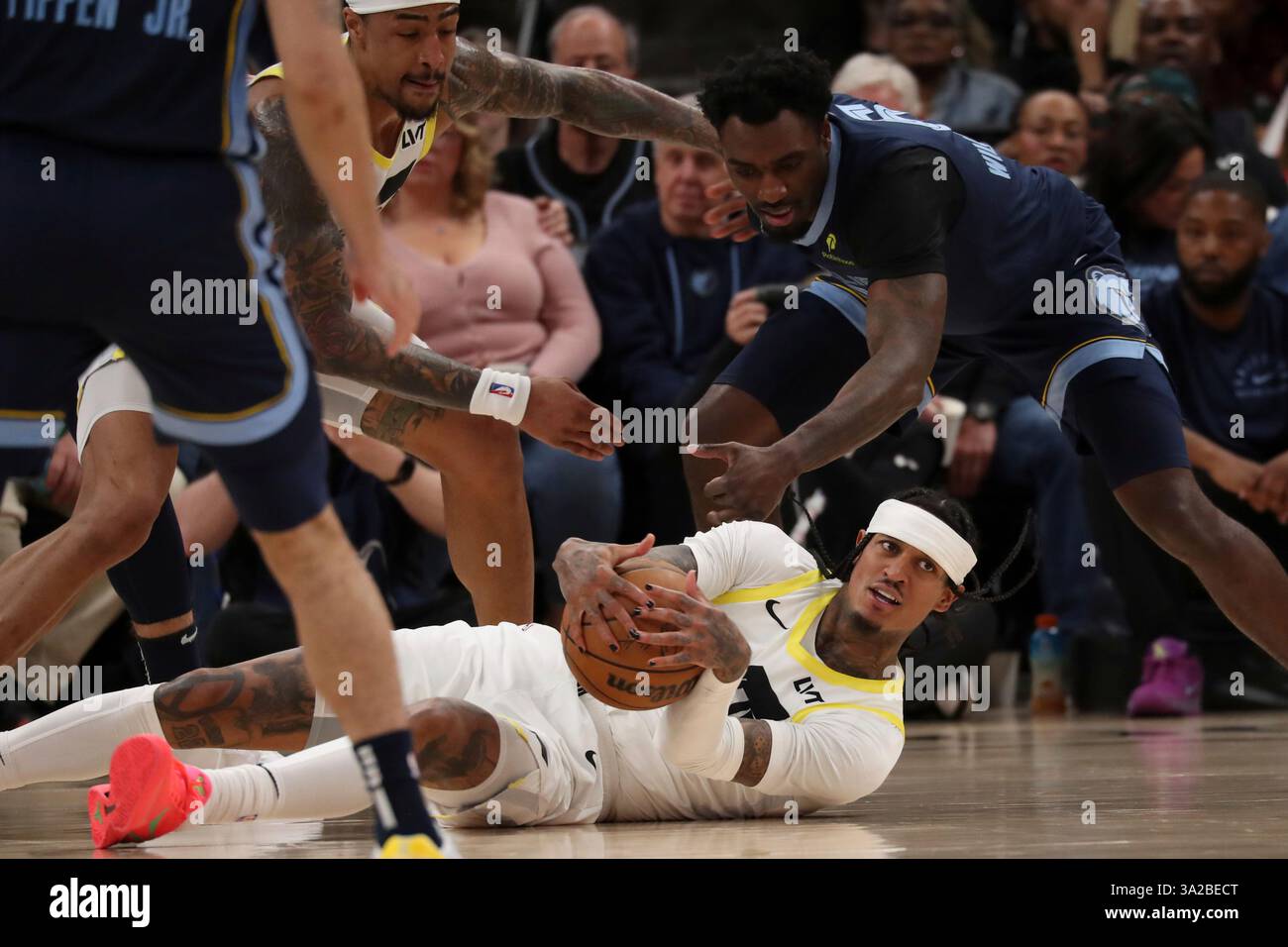 Utah Jazz forward John Collins, left, Utah Jazz guard Jordan Clarkson ...