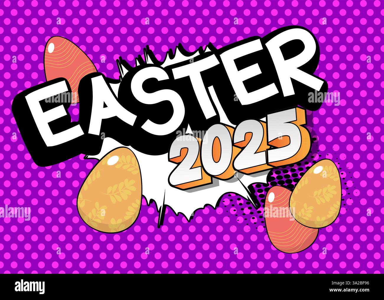 Cartoon 2025 Easter Text, comic book holiday. Retro vector comics pop art design Stock Vector ...