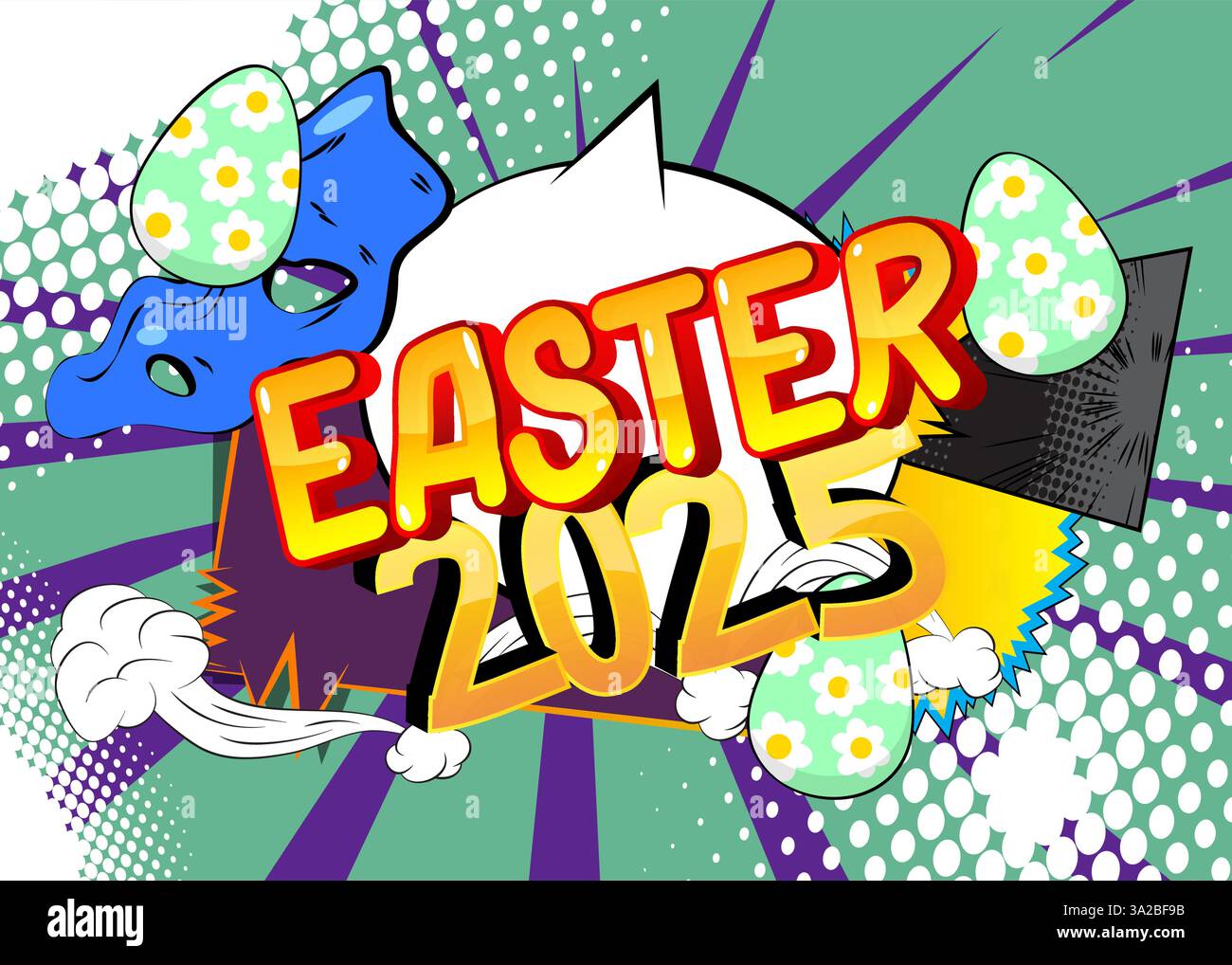 Cartoon 2025 Easter Text, comic book holiday. Retro vector comics pop ...