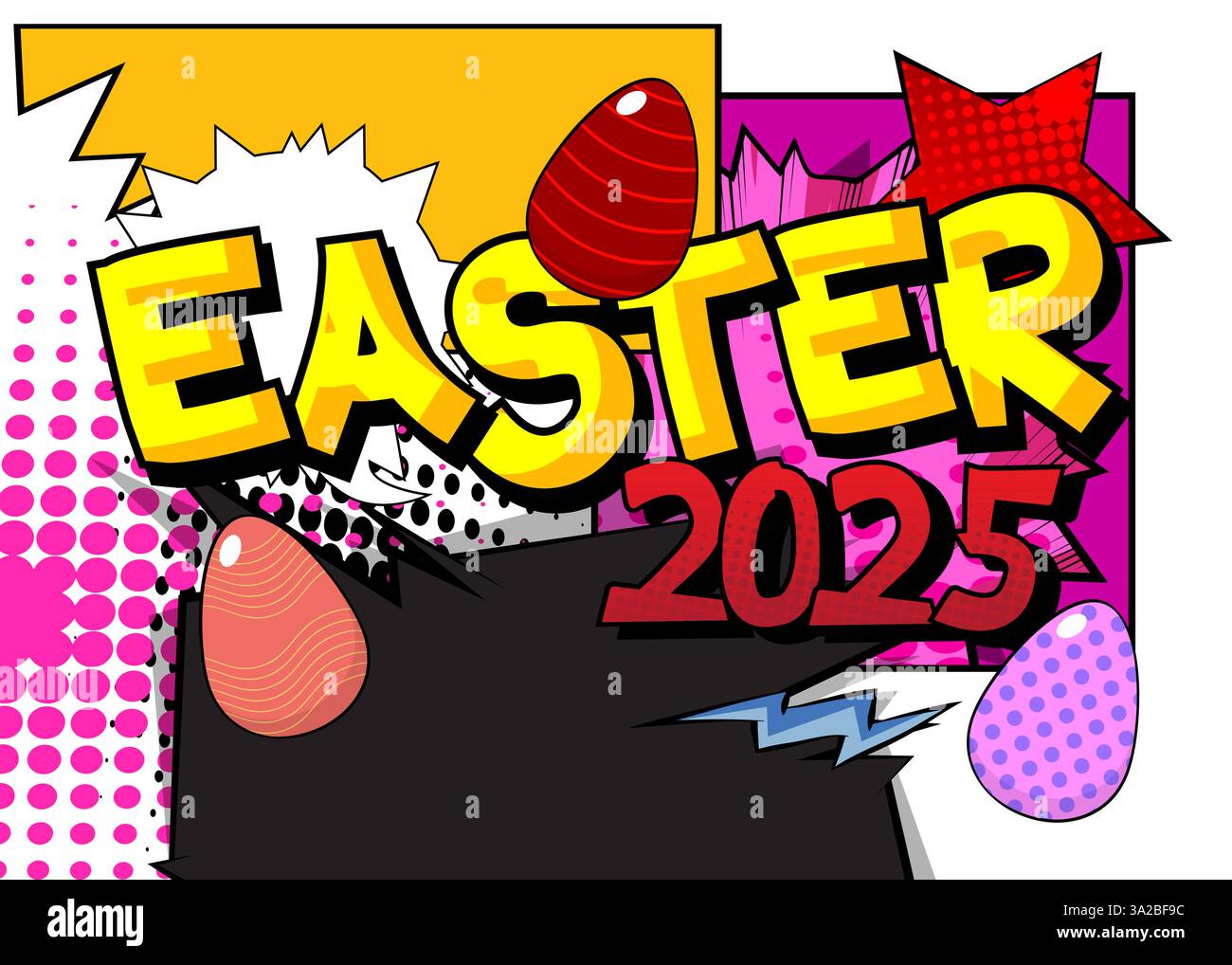 Cartoon 2025 Easter Text, comic book holiday. Retro vector comics pop art design Stock Vector ...